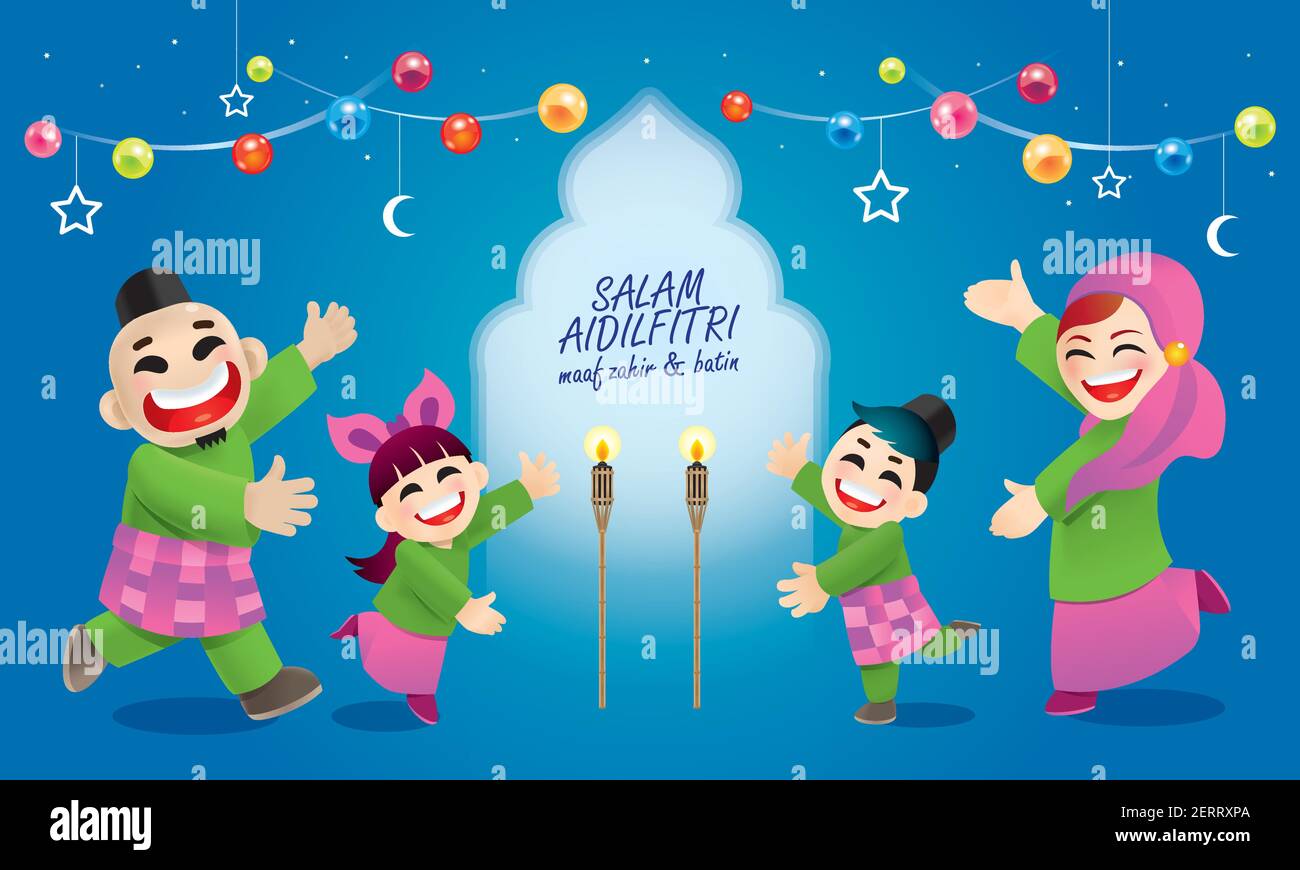 A Muslim family celebrating Raya festival. With Raya elements and ...