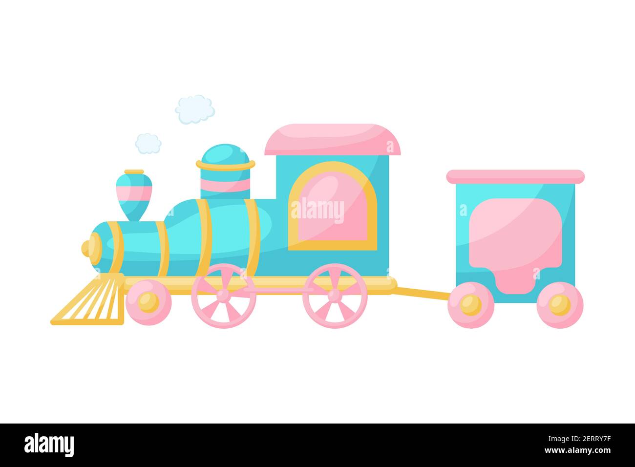 Cute blue-pink train with steam on white background. Cartoon transport ...