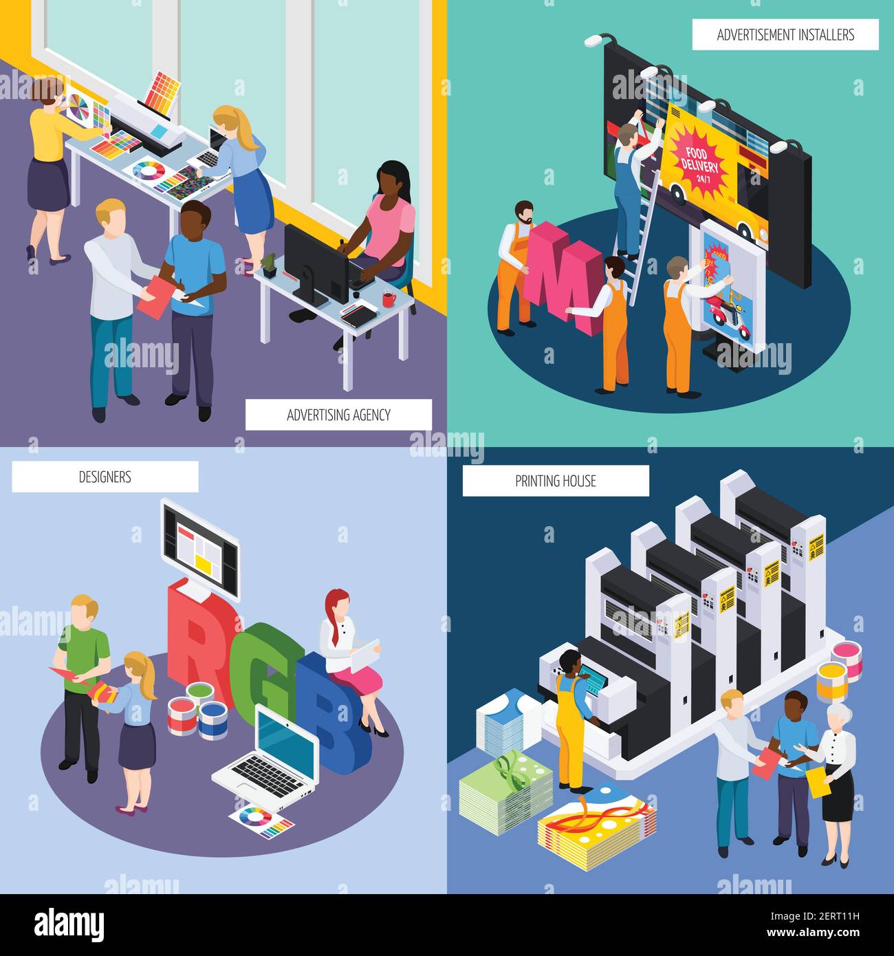 Advertising agency personnel concept isometric 4 icons with designers ...