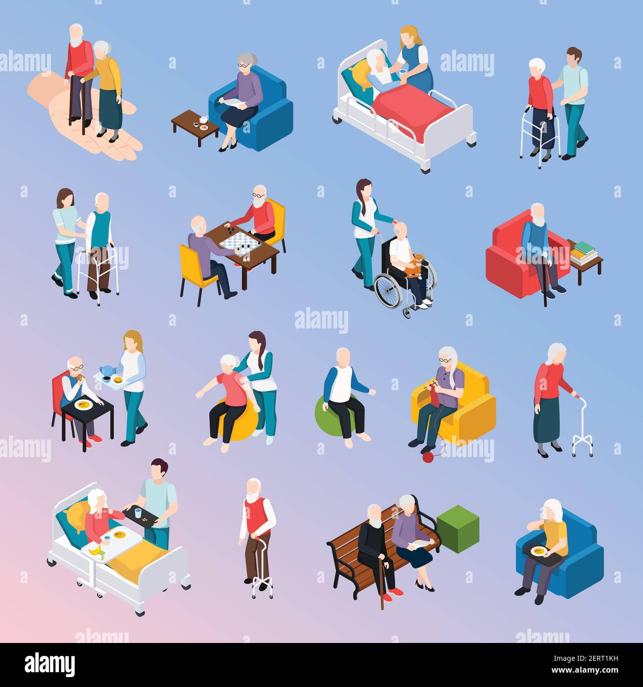 Elderly People Nursing Home Residents Isometric Icons Set With Medical