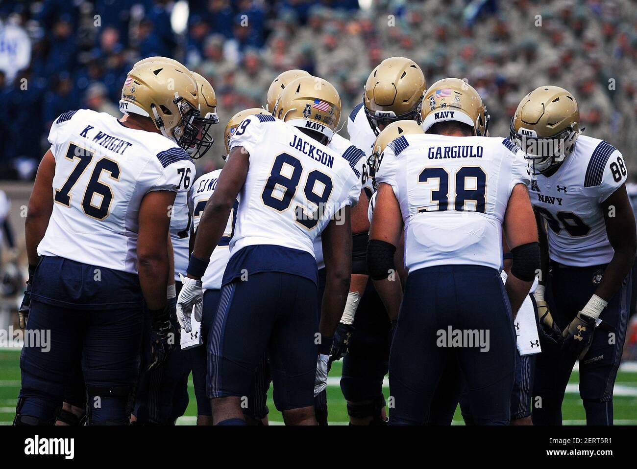October 6, 2018: Navy defenders huddle, during the NCAA football game ...