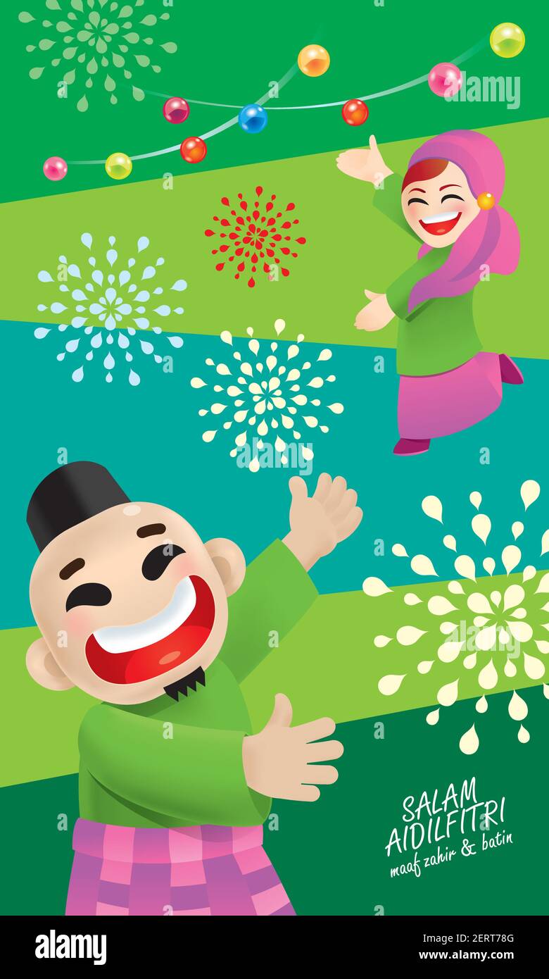 A Muslim couple celebrating Raya festival. With Raya elements and ...