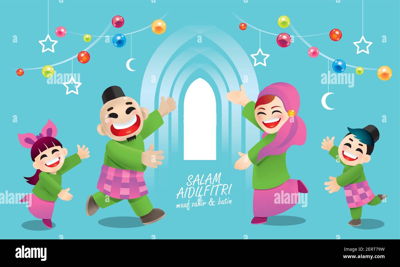 A Muslim family celebrating Raya festival. With Raya elements and ...