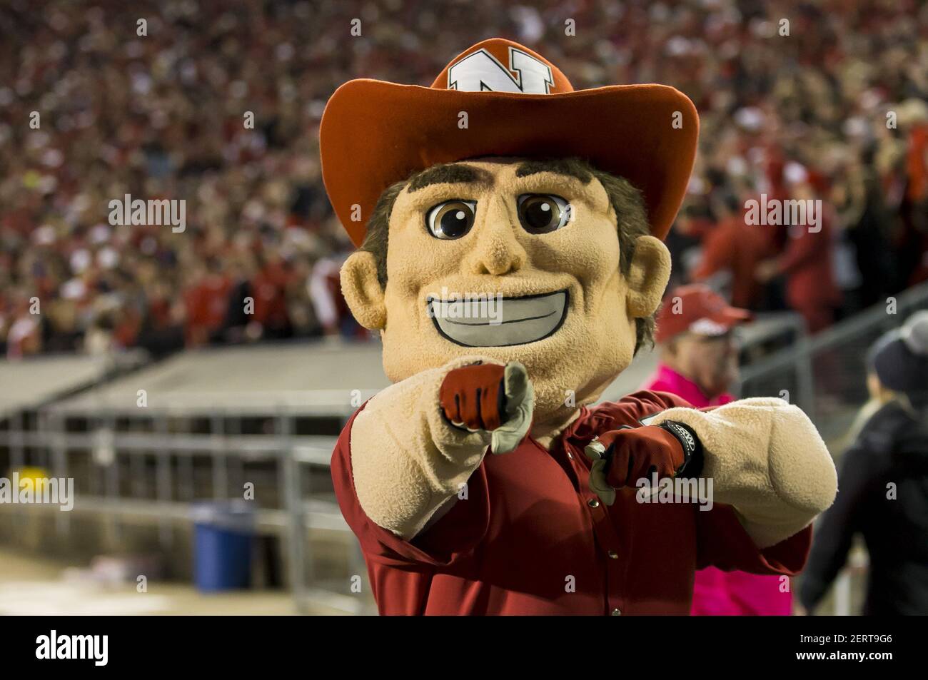 October 6, 2018: Nebraska mascot points toward the camera after a ...