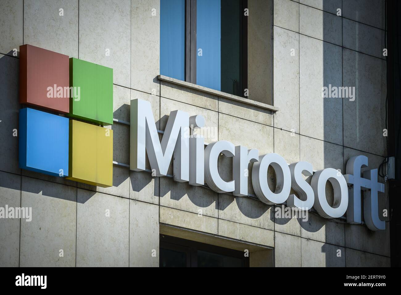 The Microsoft logo is seen on an office building in central Bucharest ...