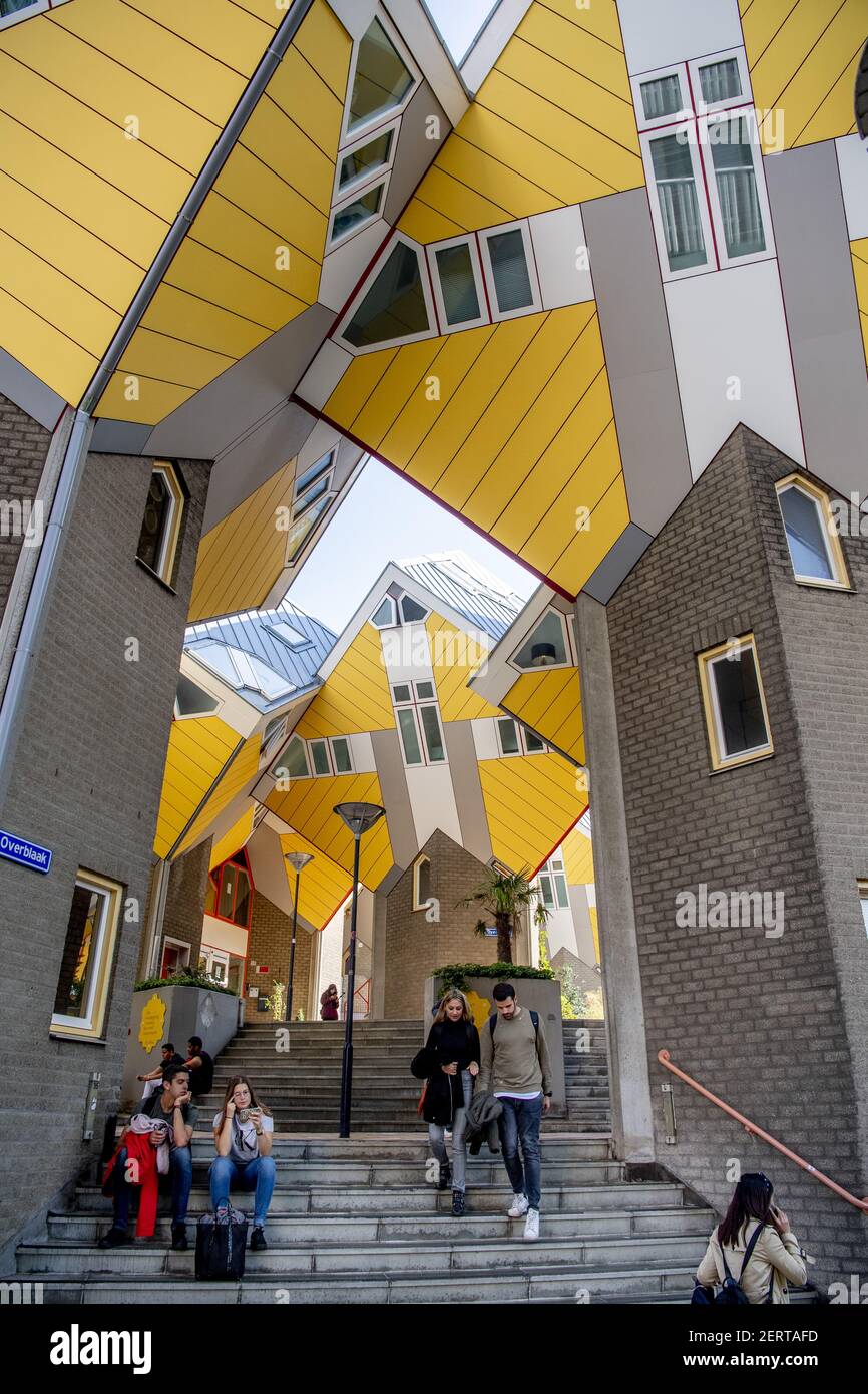 Tourists visit the cube house in Rotterdam, 38 cube-shaped pile ...