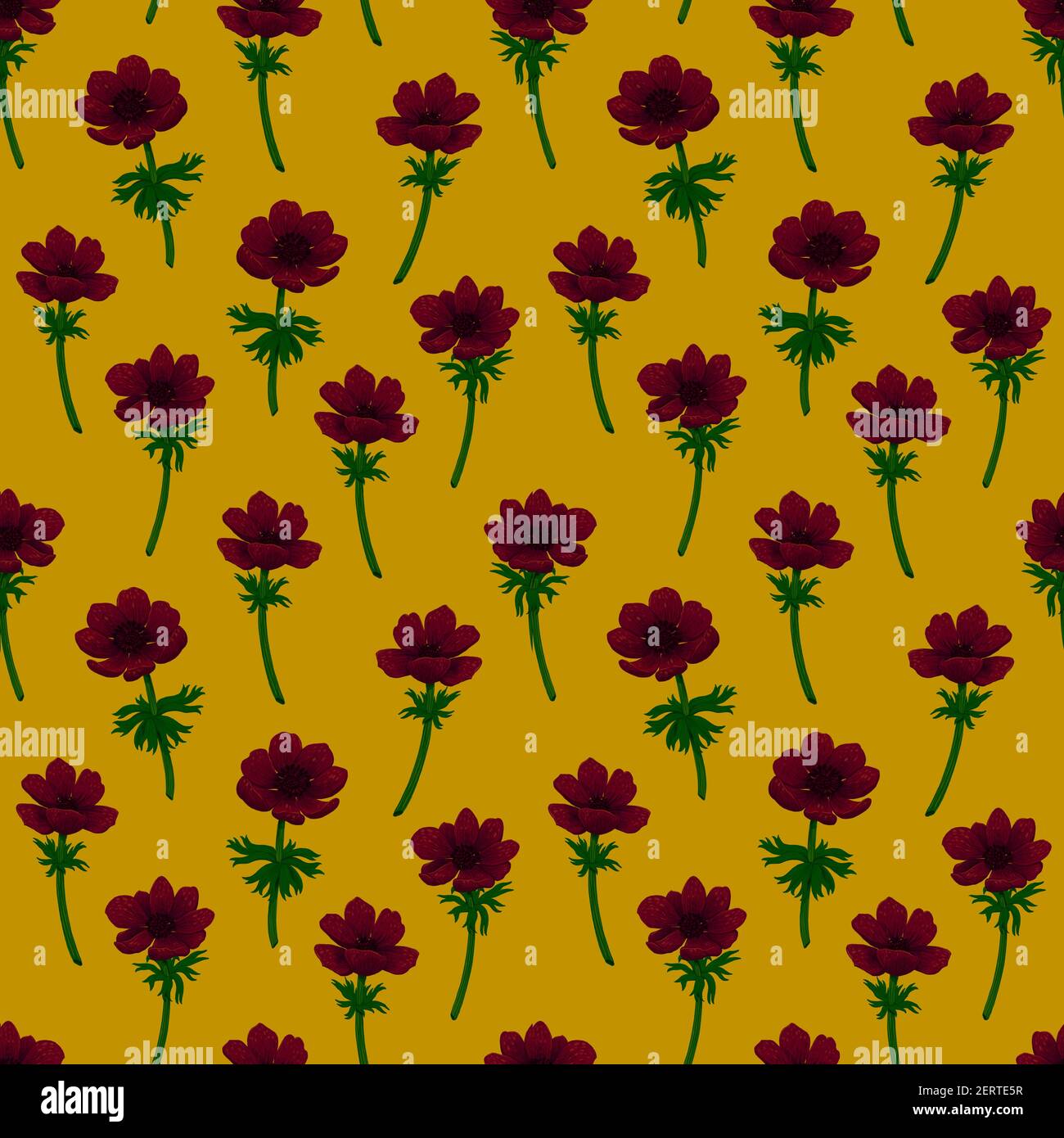 Floral seamless pattern. Red anemones pattern on mustard yellow background. Color pencil digital ...