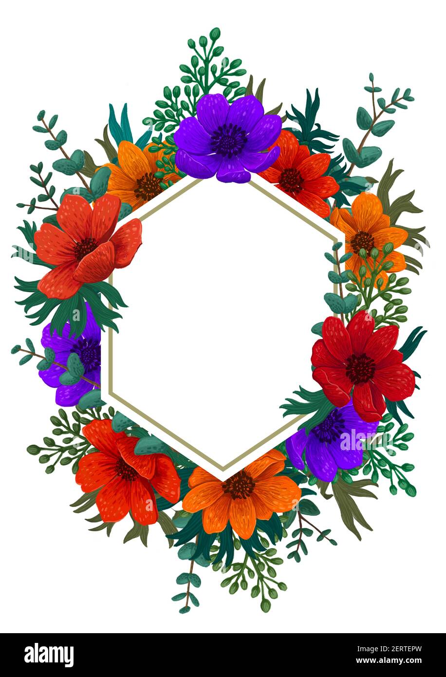 Wild flowers hexagon frame. Color pencil digital illustration. Vertical ...