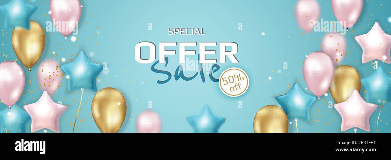 Sale banner design with helium balloons. Realistic decorative design ...