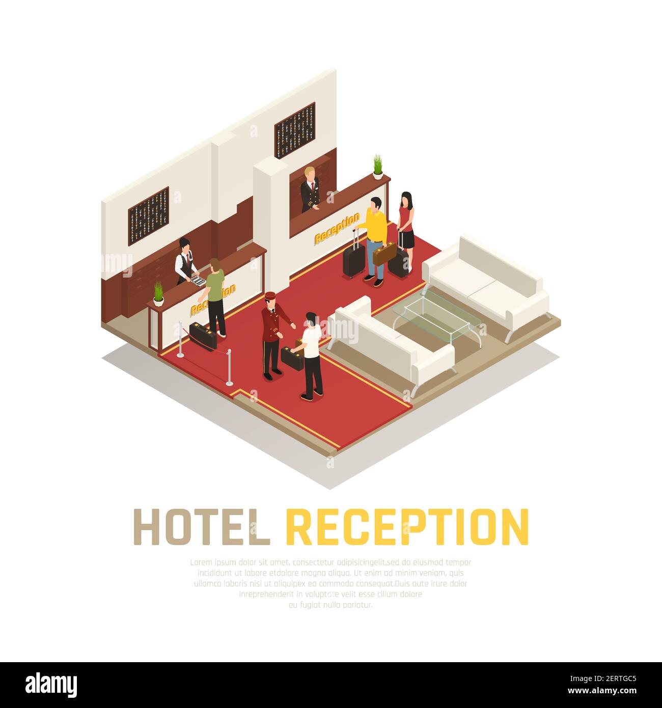 Hotel reception with staff and tourists guest area with white furniture ...