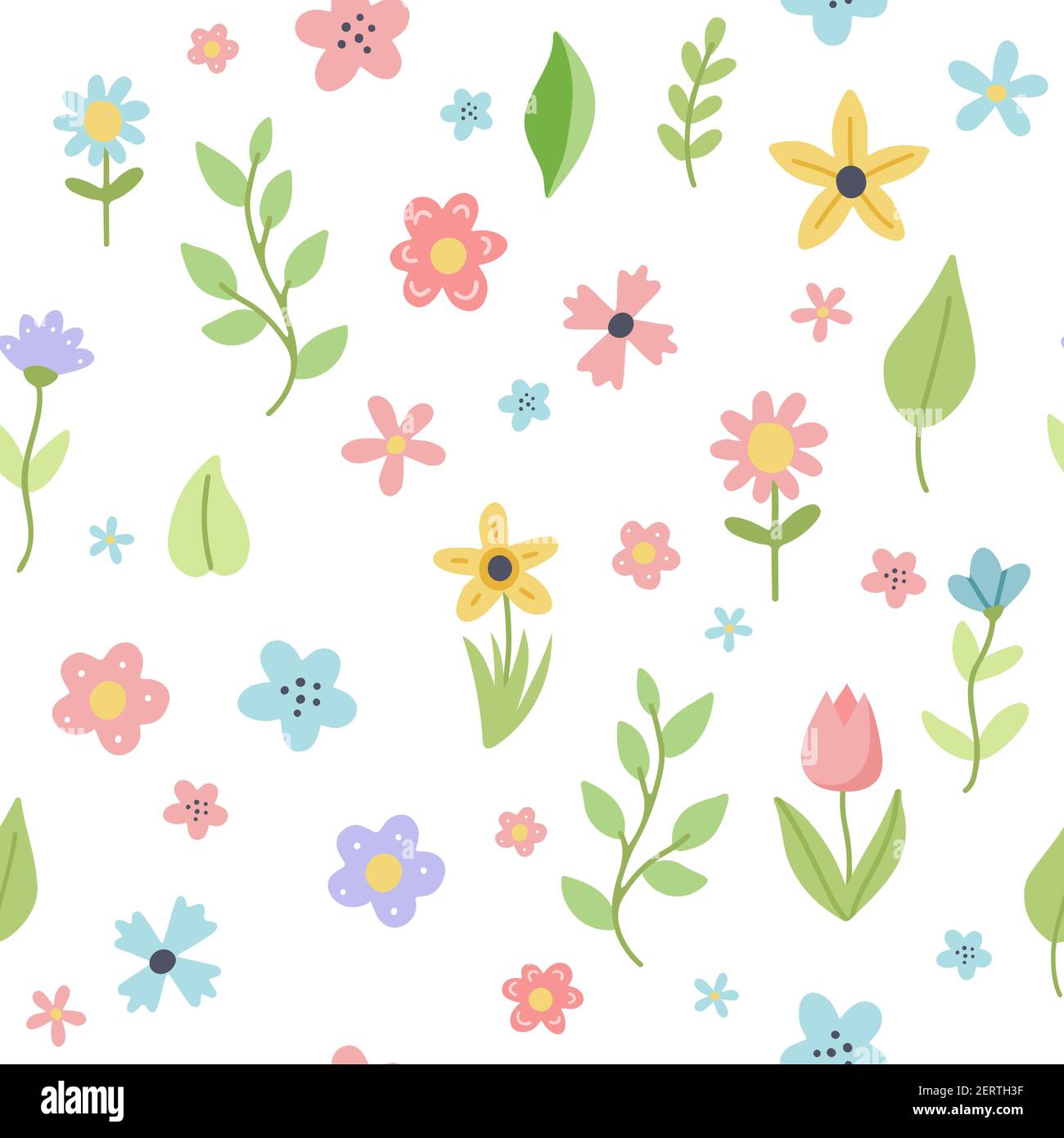 Easter spring pattern with cute flowers and leaves. Hand drawn flat ...