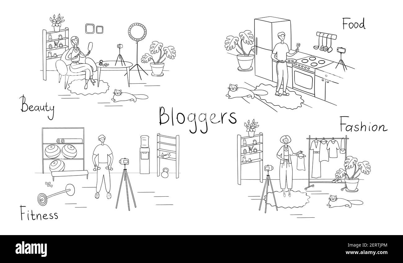 Bloggers set. Different vloggers shoot videos for their followers ...