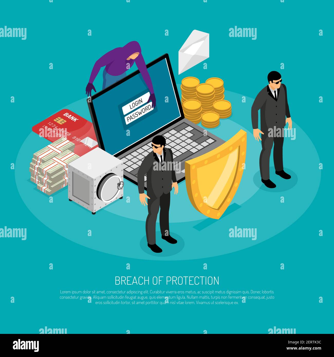 Breach of protection isometric concept with fraud hacking computer 3d ...