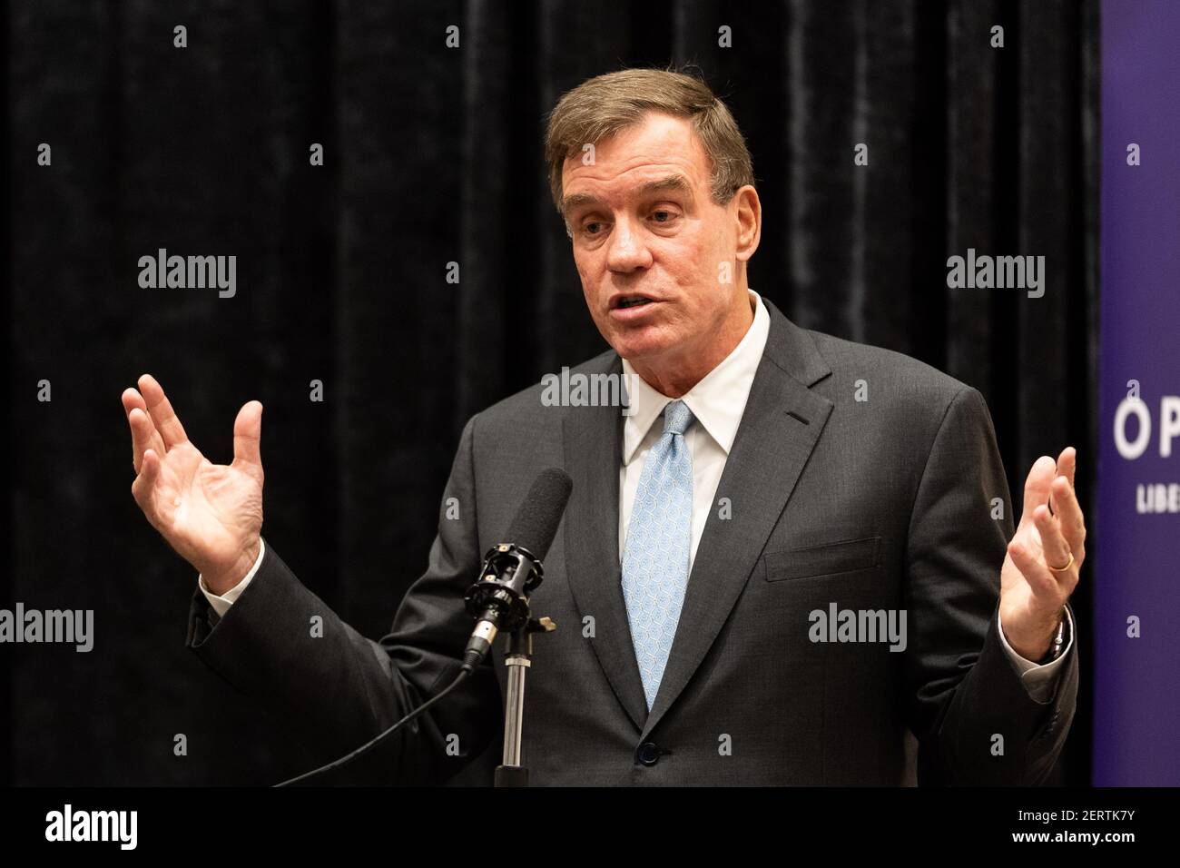 U.S. Senator Mark Warner (D-VA) speaking at The Open Markets Institute ...