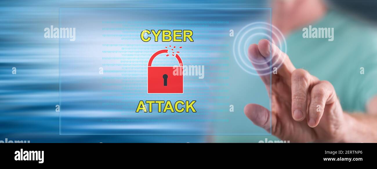 Man touching a cyber attack concept on a touch screen with his finger ...