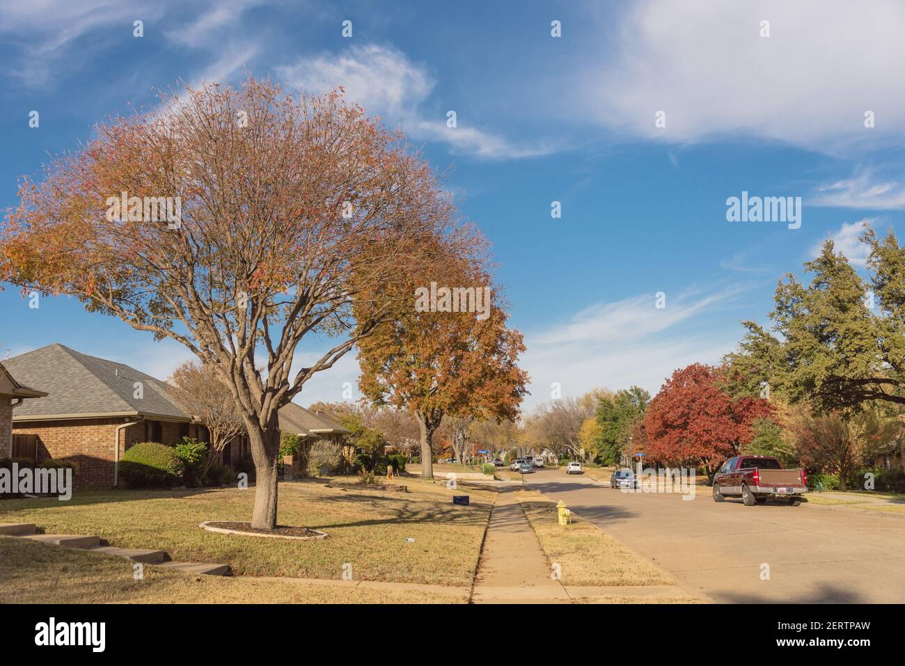 Suburban house on slope with step stair and beautiful fall foliage ...