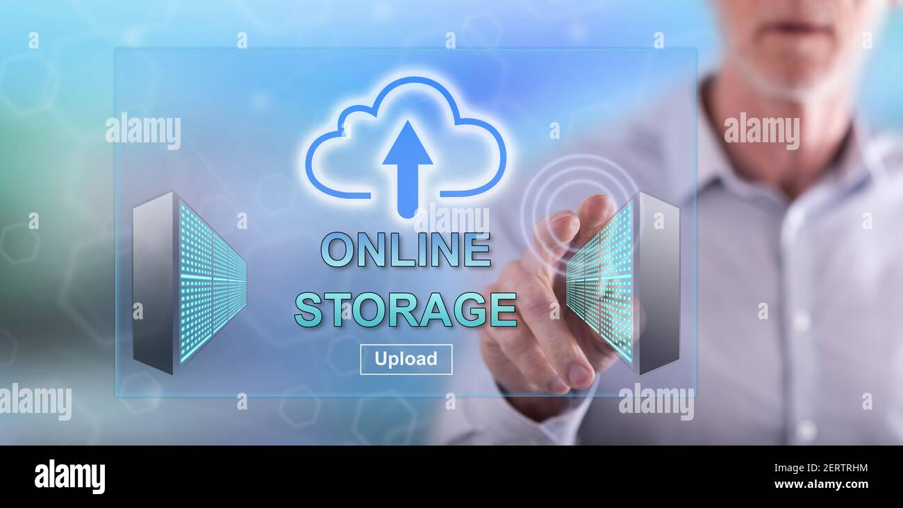 Man touching an online storage concept on a touch screen with his ...