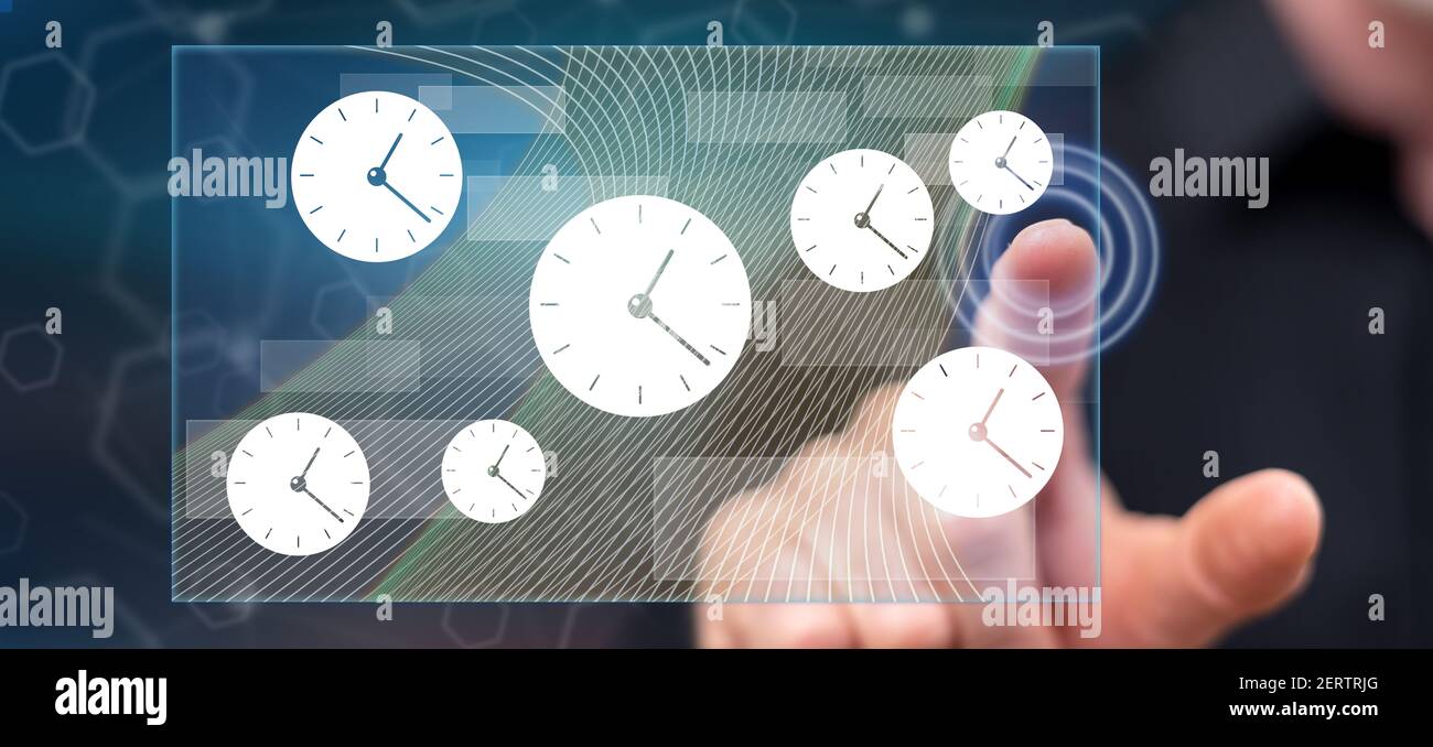 Man touching a time management concept on a touch screen with his ...