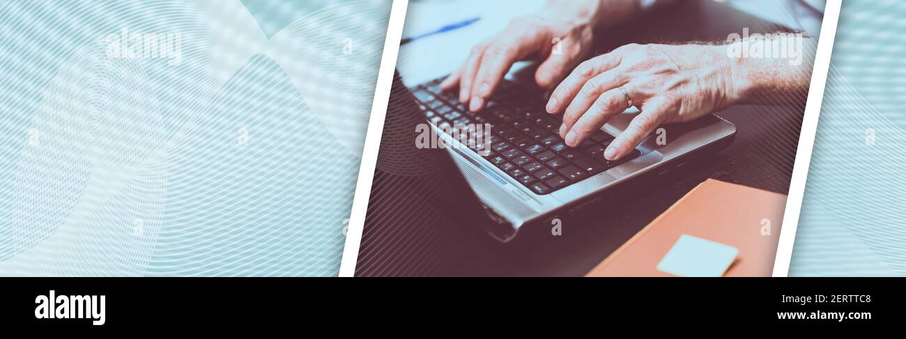 Hands typing on a laptop. panoramic banner Stock Photo - Alamy