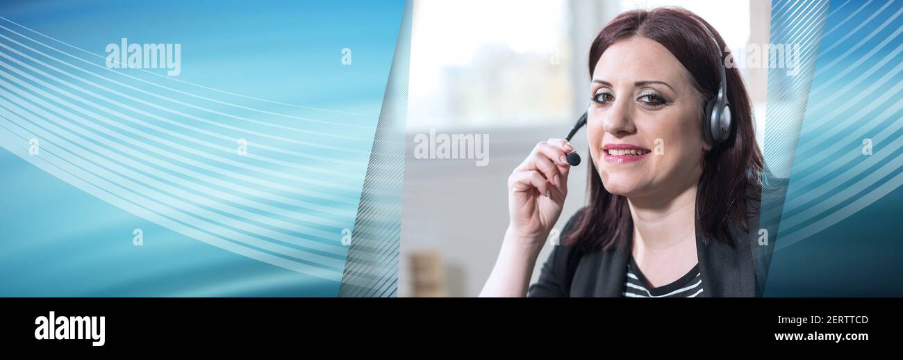 Portrait of smiling female phone operator with headset. panoramic ...