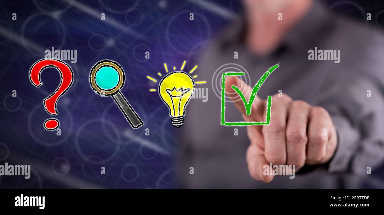 Man touching a problem solving concept on a touch screen with his ...