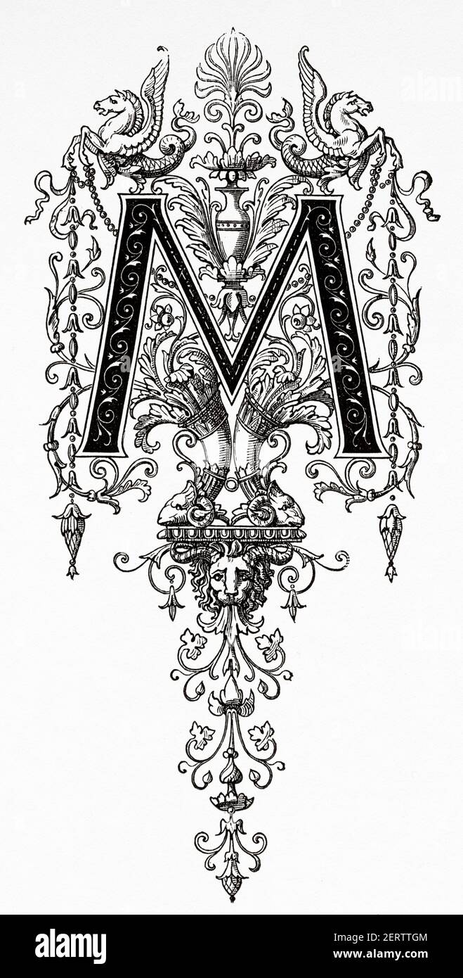 Alphabetic character letter M, ornate capital letter. Old 19th century ...