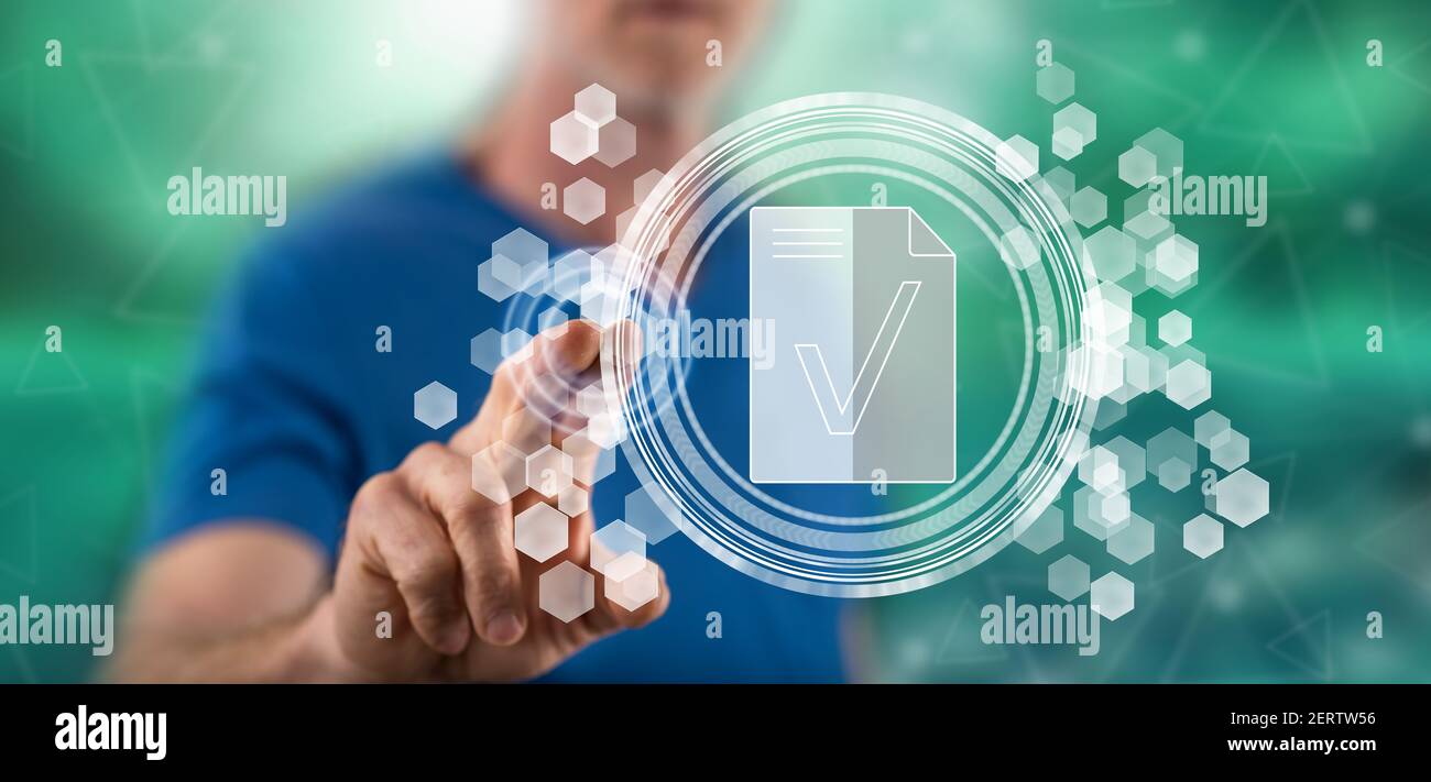 Man touching a document validation concept on a touch screen with his ...
