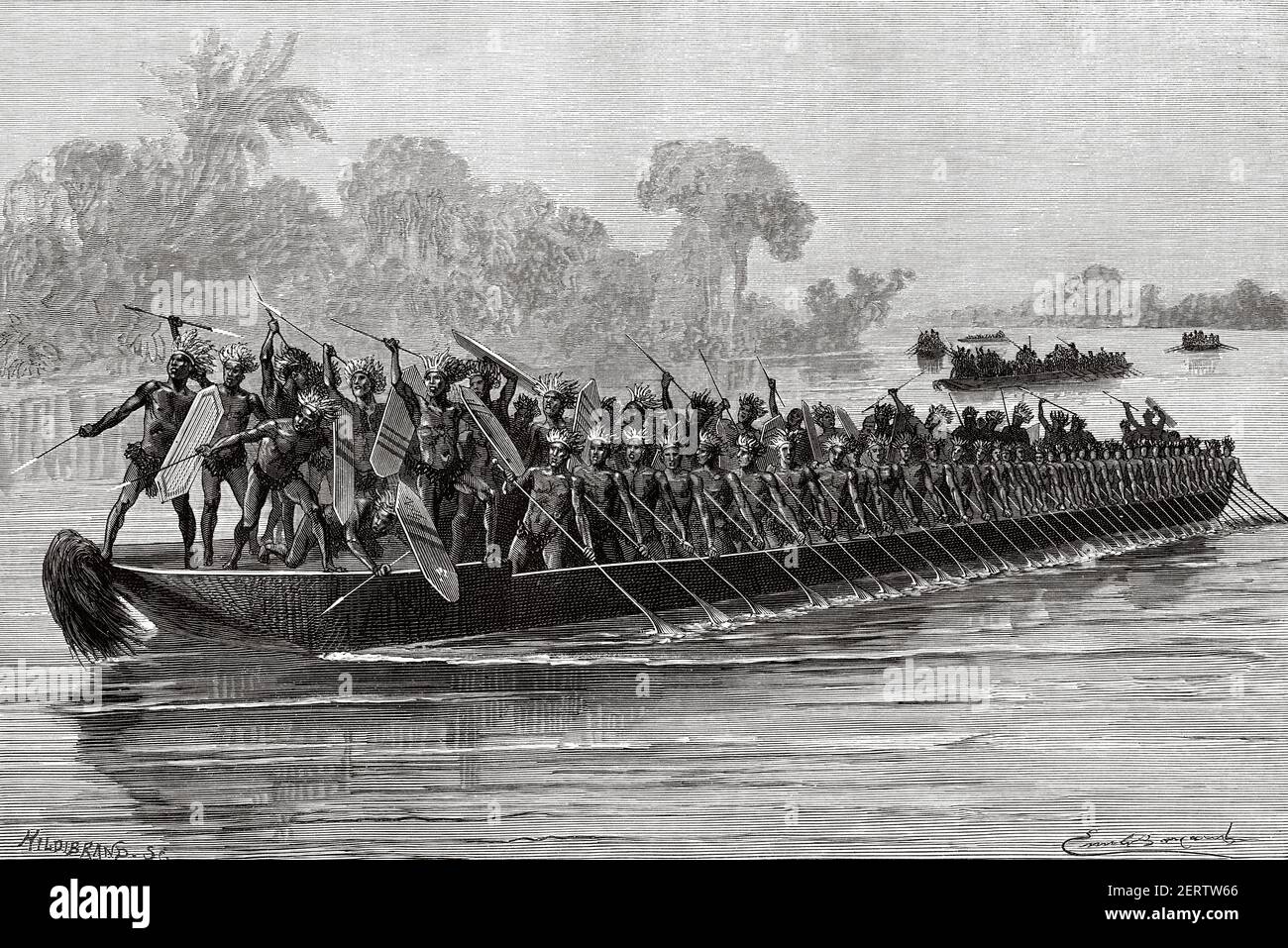 Large war canoe of the Congolese people on the Aruwimi River ...