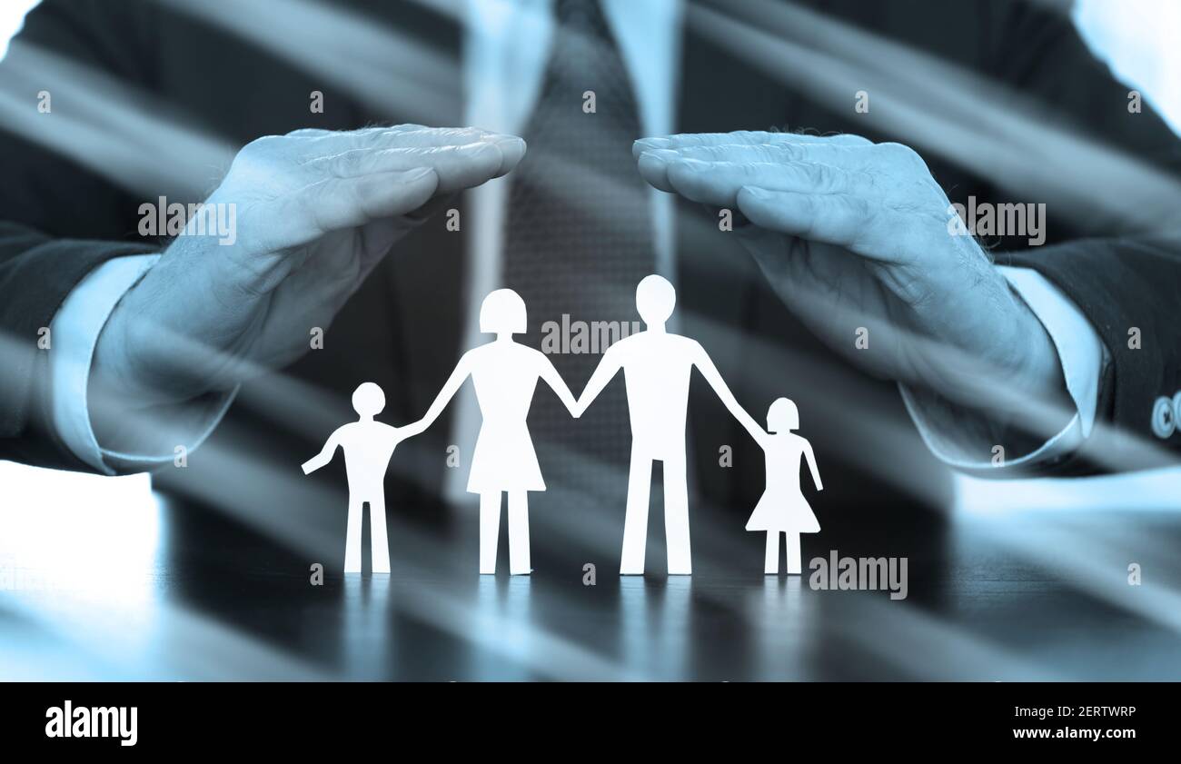 Insurer protecting a family with his hands, black and white; multiple ...