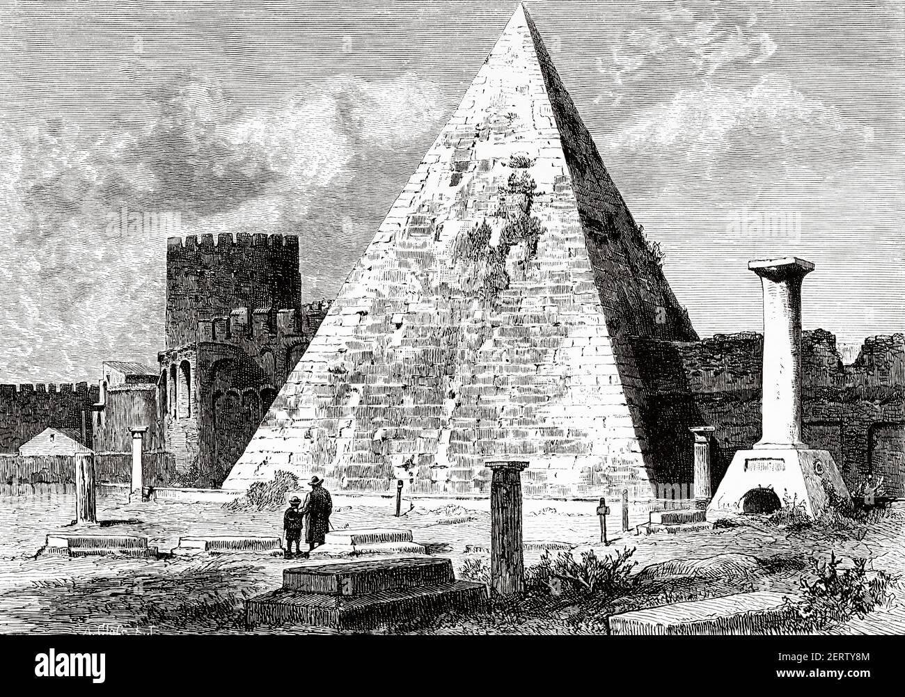 Roman Tomb of Caius-Cestius, Pyramid of Cestius. Rome in XIX Century. Italy, Europe. Old 19th ...