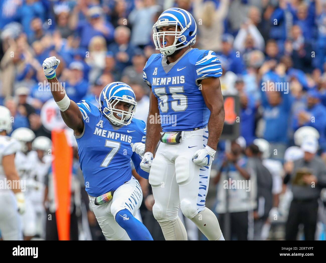 October 13, 2018: Memphis defenders Bryce Huff #55 and Curtis Akins #7 ...