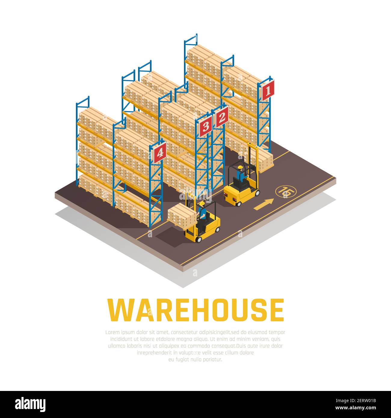 Warehouse isometric composition of racks with boxes and workers loading cargo by forklift vector ...