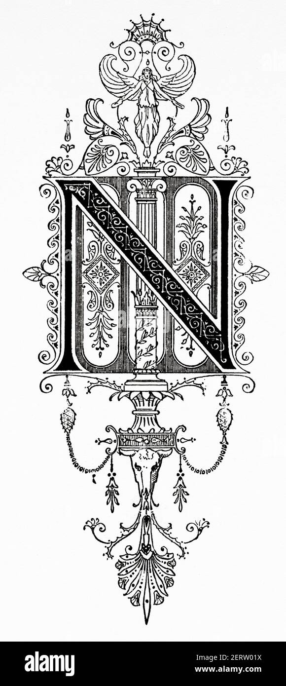 Decorative Gothic Letter N. Old 19th century engraved illustration, El ...