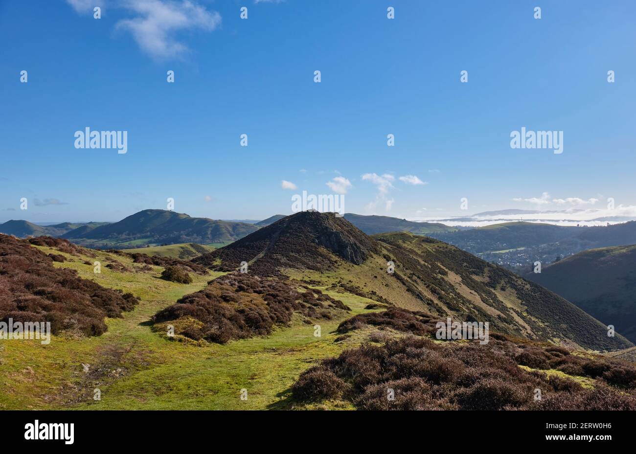 The view across the Stretton Hills seen from near the Devil's Mouth on ...