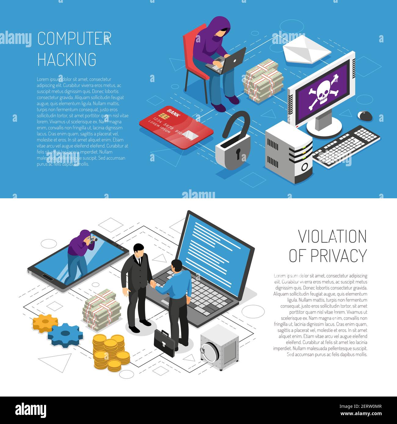 Computer hacking isometric horizontal banners set with hackers stealing personal information 3d ...