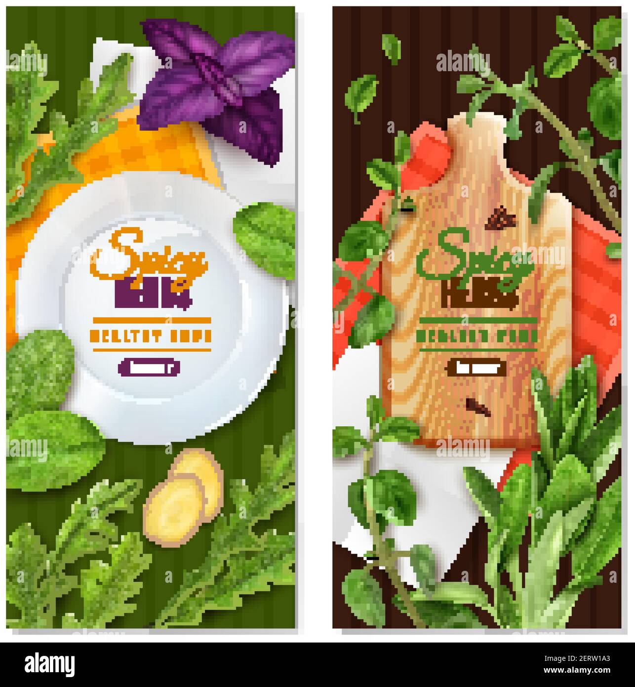 Herbs leafy salad greens spices 2 realistic healthy food banners with ...