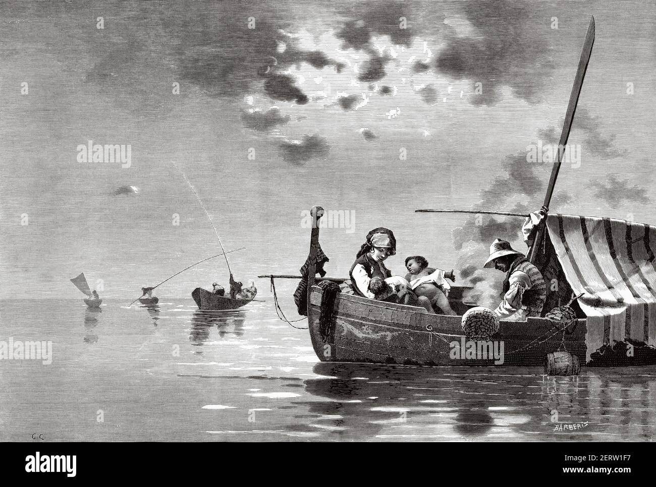 Marine scene. 19th century family fishing in a boat at sea. Old 19th ...