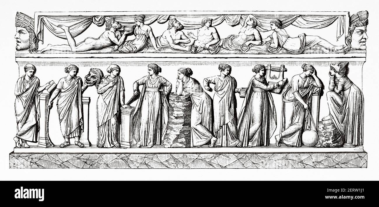Sarcophagus of the Muses, relief from a marble sarcophagus found in ...