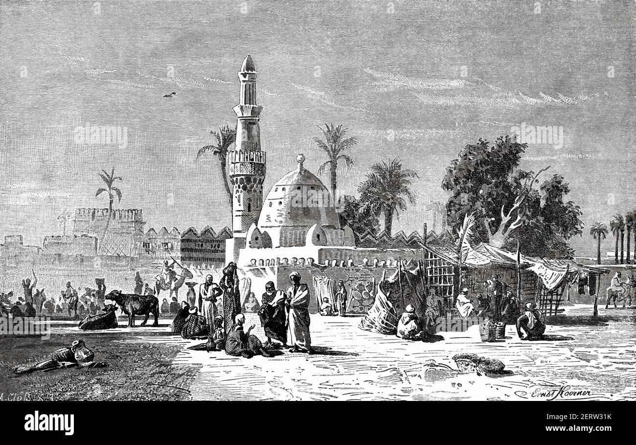 General view of the Egyptian city of Sohag, Egypt 19th Century. Old XIX ...