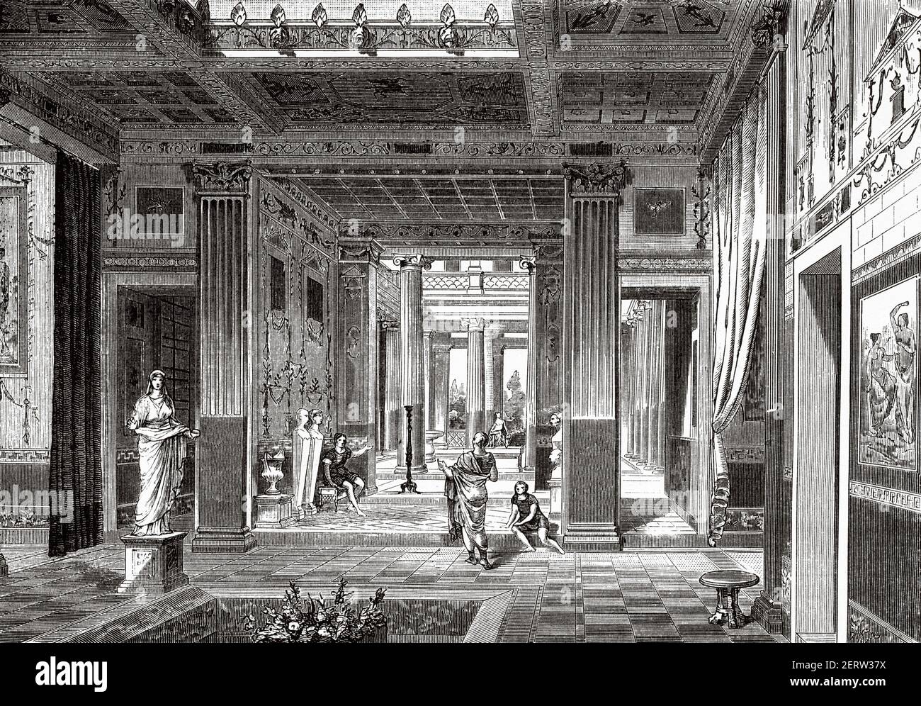 Atrium of a Ancient Rome house, Italy. Europe. Old XIX century engraved ...
