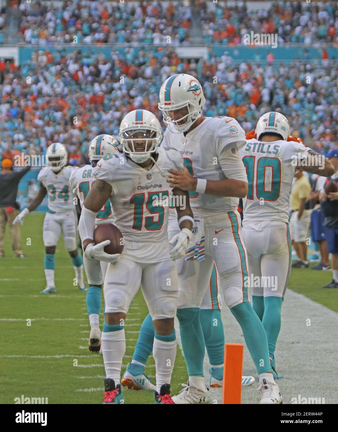 Miami Dolphins wide receiver Albert Wilson (15) is congratulated by ...