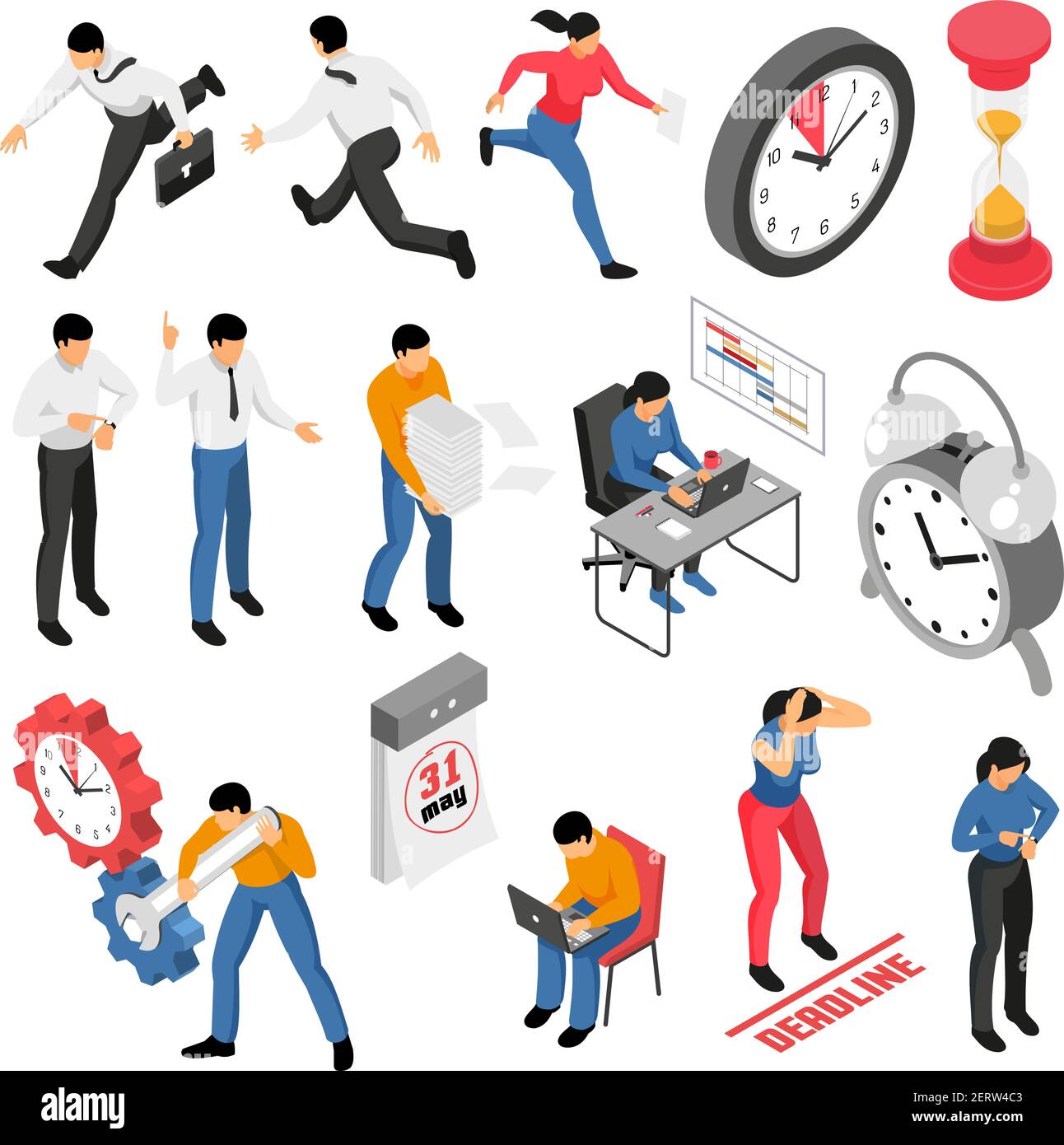 People trying to finish tasks before deadline isometric icons set ...