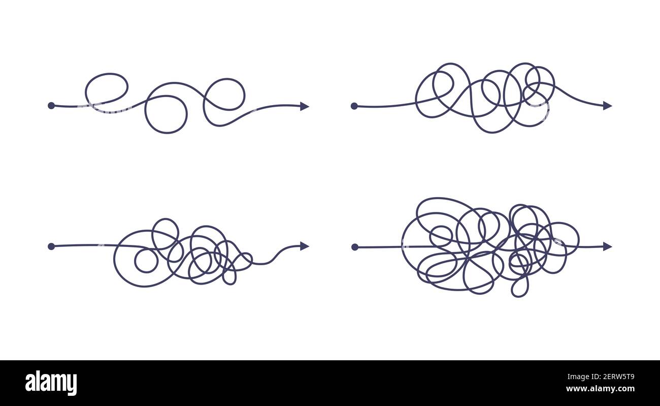 Complex and easy simple way from start to end vector illustration set. Chaos simplifying ...