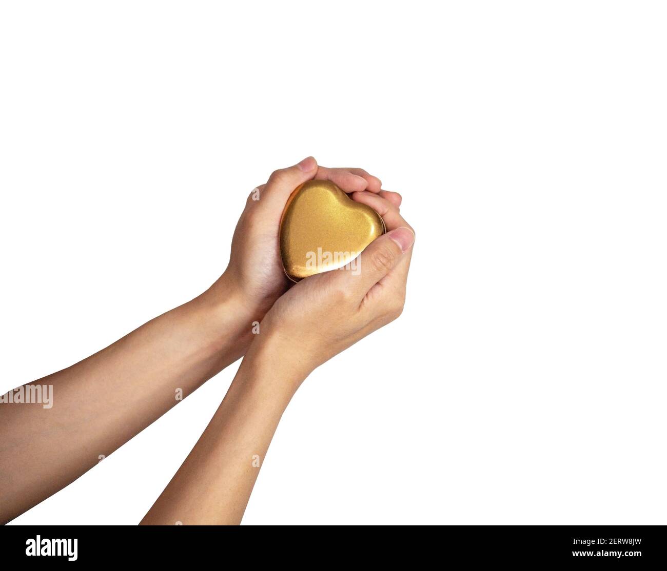 Golden heart hand holding on white background with clipping path Stock ...