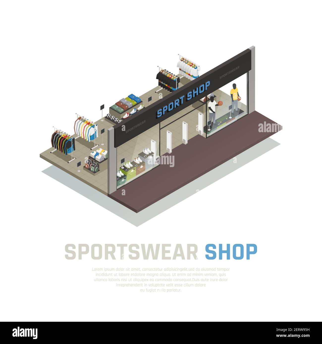 Sports wear shop isometric composition with outside view show case with ...