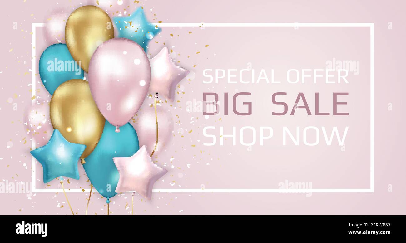 Sale banner design with helium balloons. Realistic decorative design ...