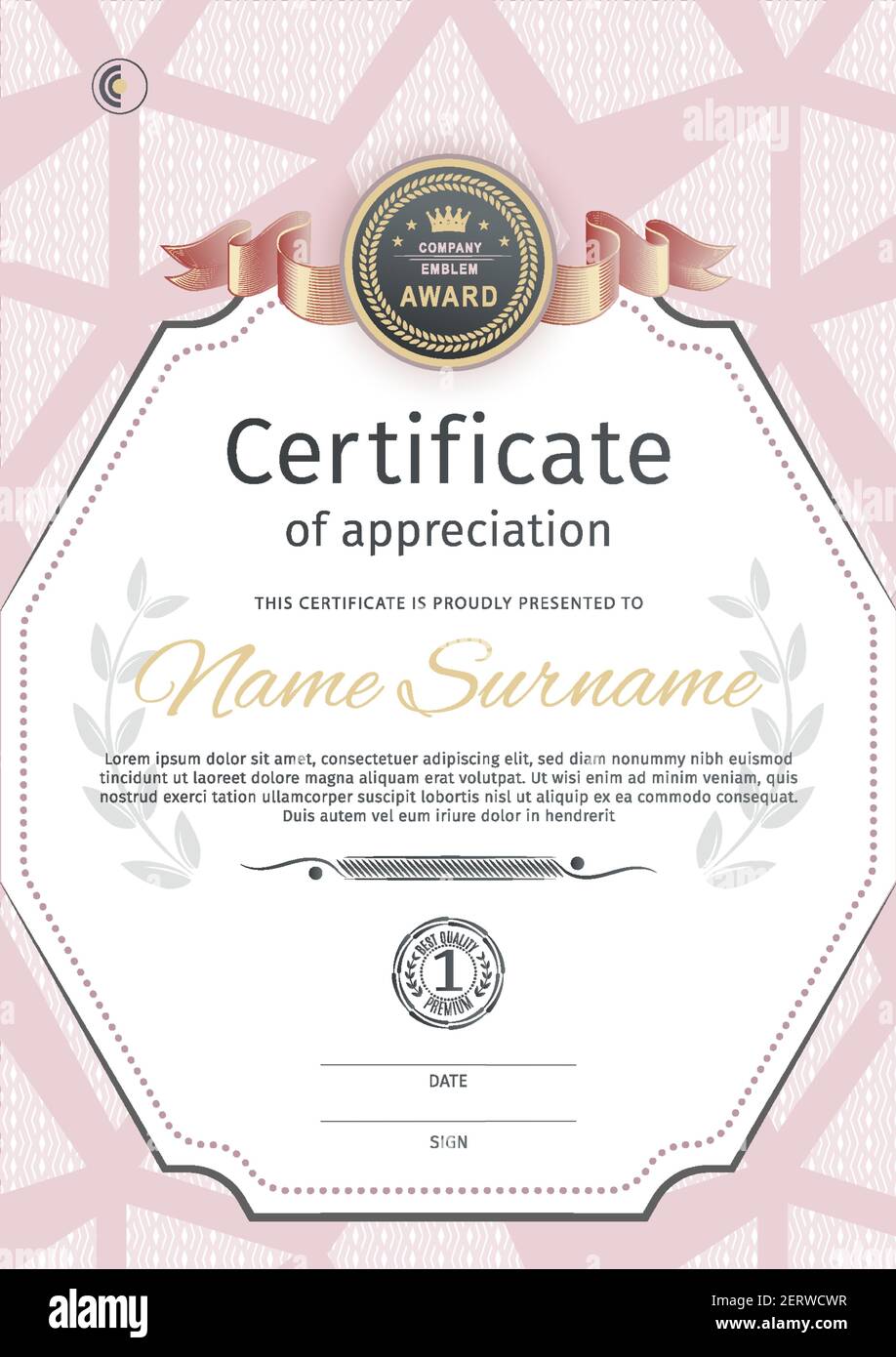 White pink certificate and modern pattern design elements. Business ...