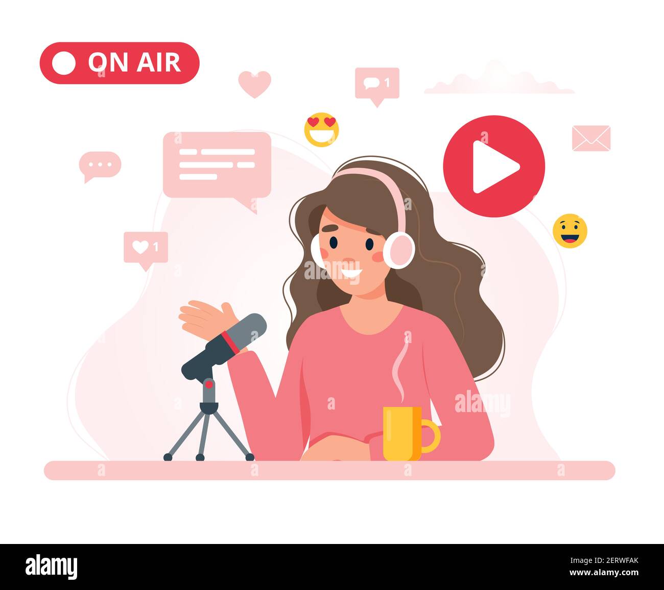 Female podcaster talking to microphone recording podcast. Concept ...