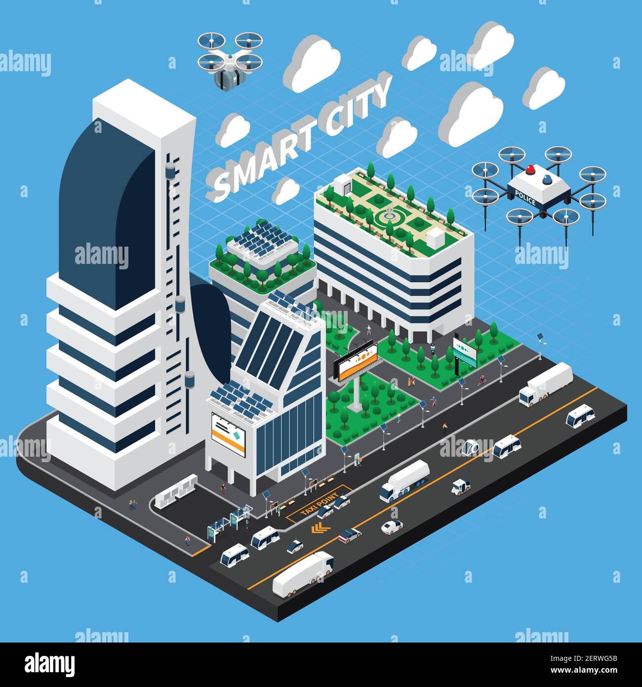 Smart city isometric composition with transport and buildings symbols ...
