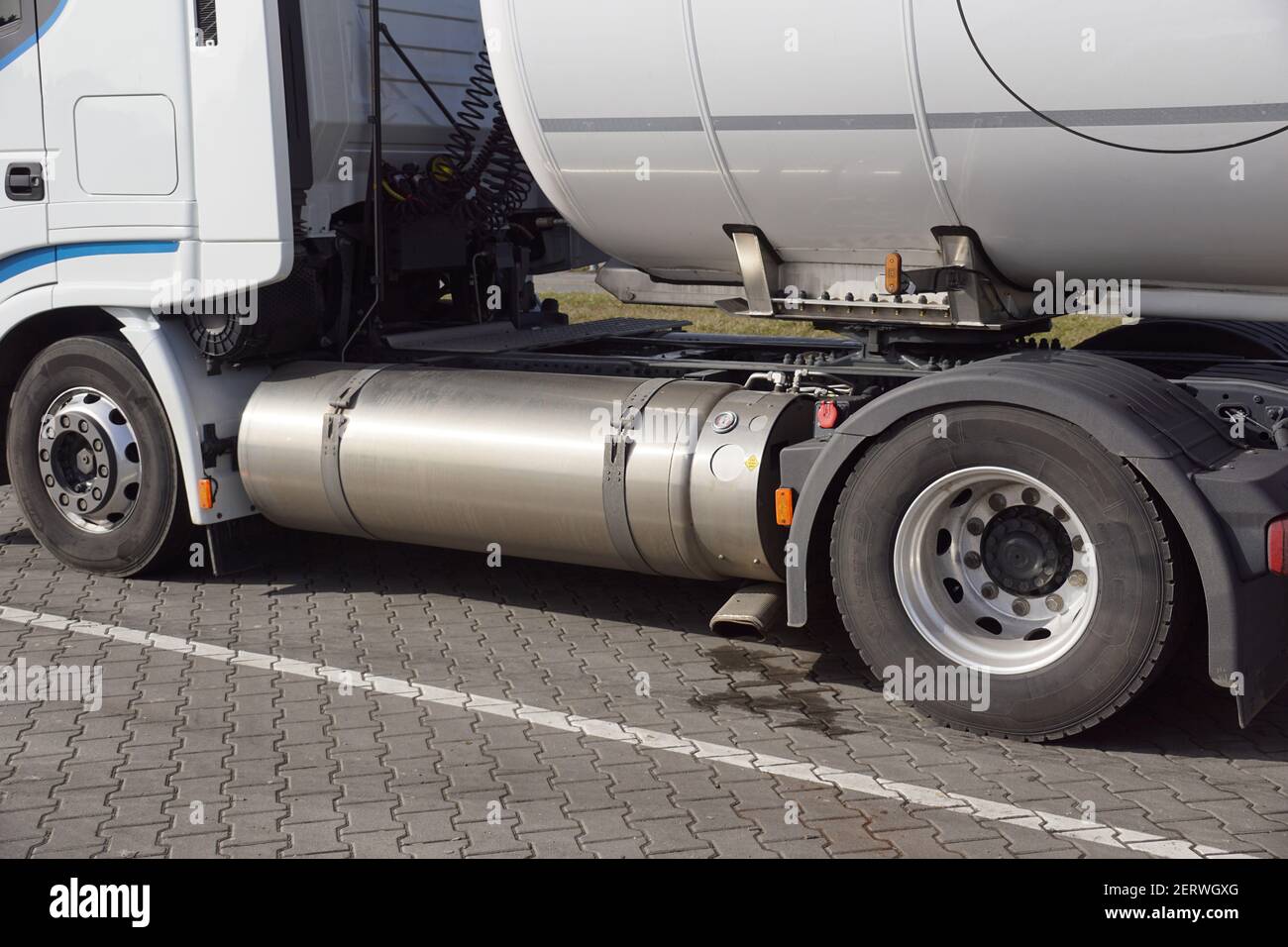 Vehicle powered by LNG (liquefied natural gas).View of the compressed ...